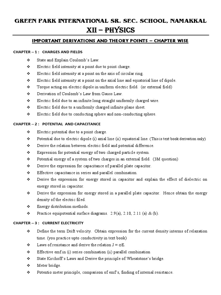 Xii-Cbsephysicsimportant Derivations Question - Chapter Wise | PDF | Optics | Magnetic Field