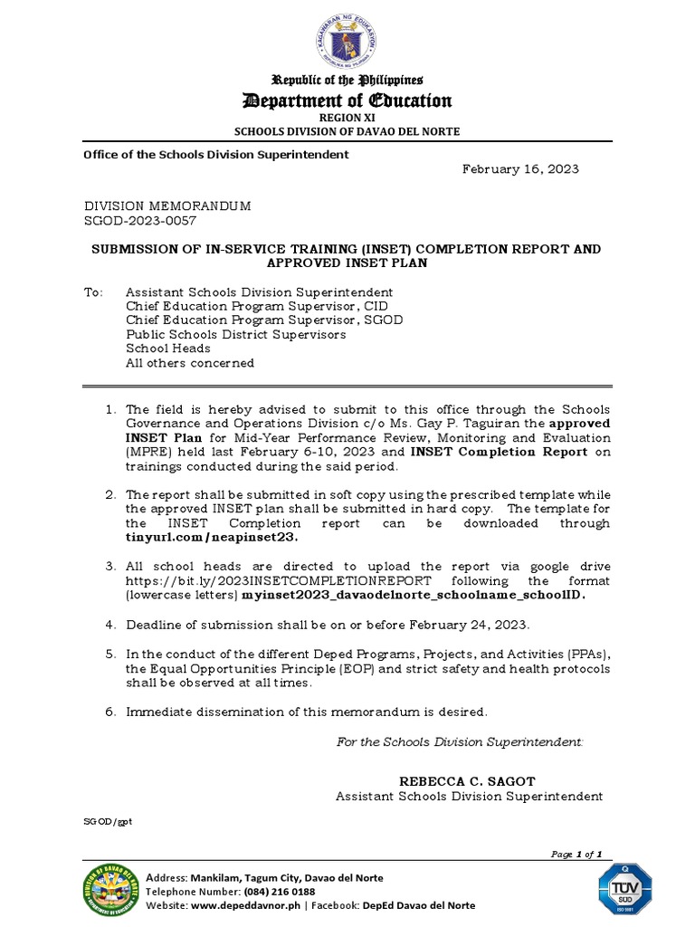 Davao del Norte INSET Completion Report Submission | PDF