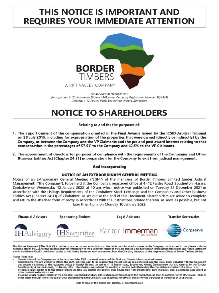 Border Timbers EGM Notice & Compensation Details | PDF | Proxy Voting ...