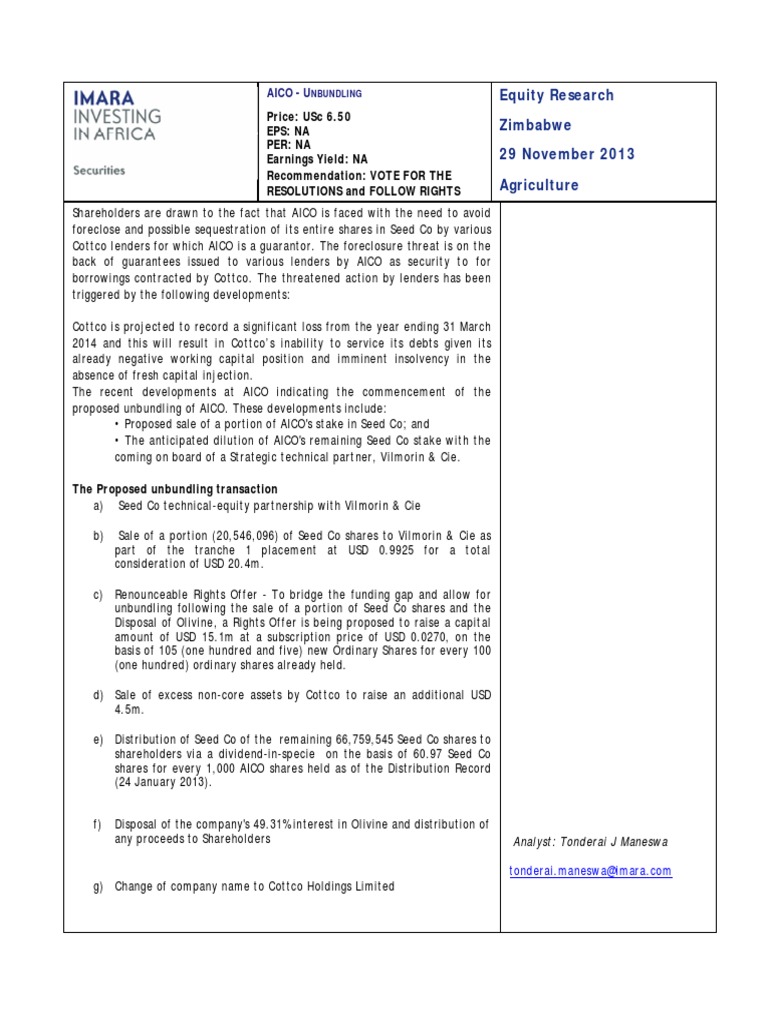 AICO - Unbundling November 2013 | PDF | Equity (Finance) | Stocks