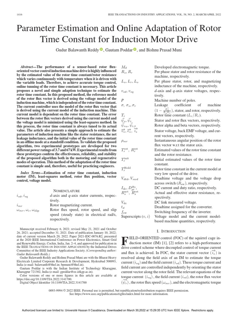 Parameter Estimation And Online Adaptation Of Rotor Time Constant For Induction Motor Drive Pdf