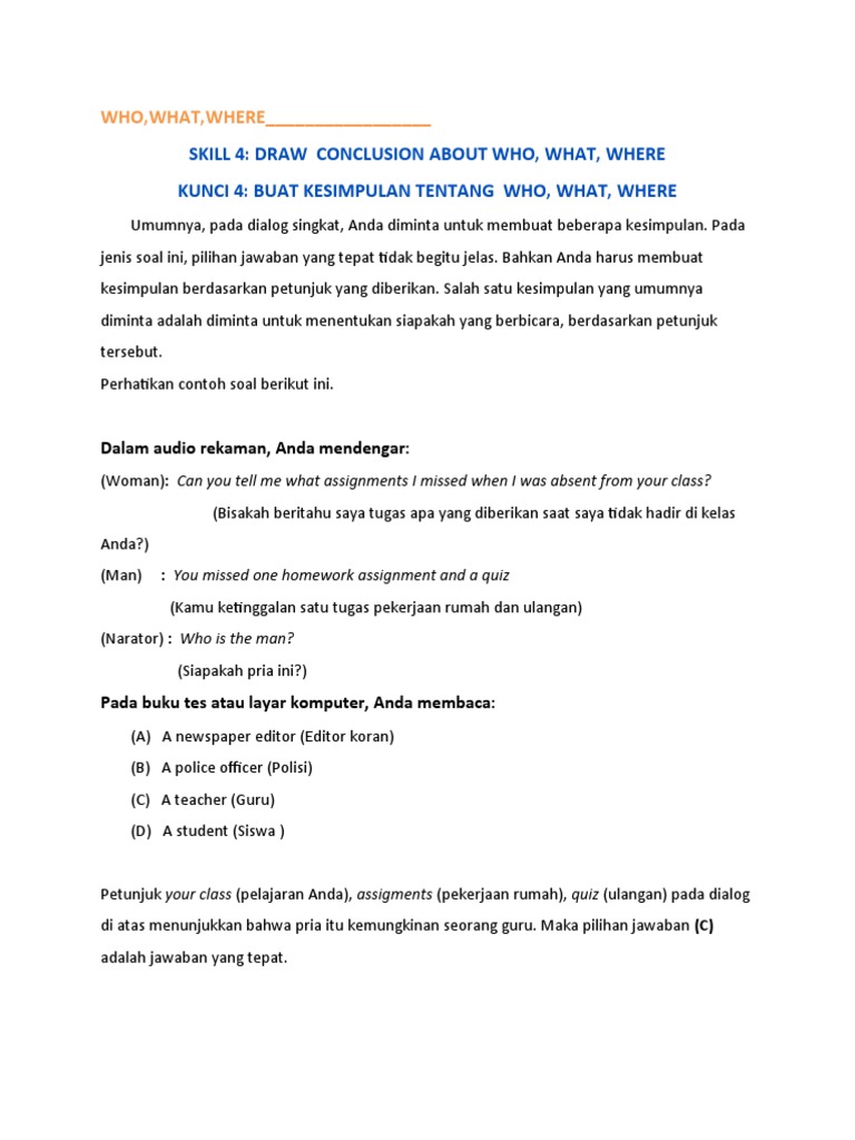 Skill 4 Draw Conclusion About Who, What, Where | PDF