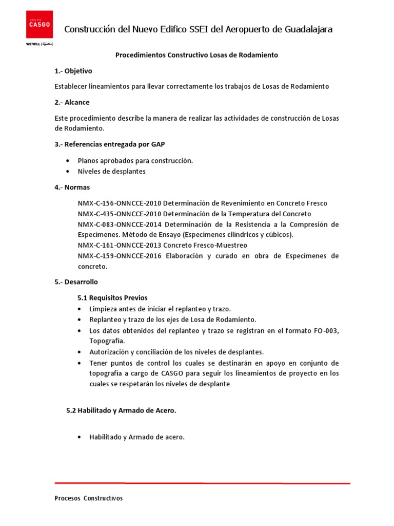 PR-CT - 010 Procedimientos Constructivo Losas de Rodamiento | PDF | Hormigón | Acero