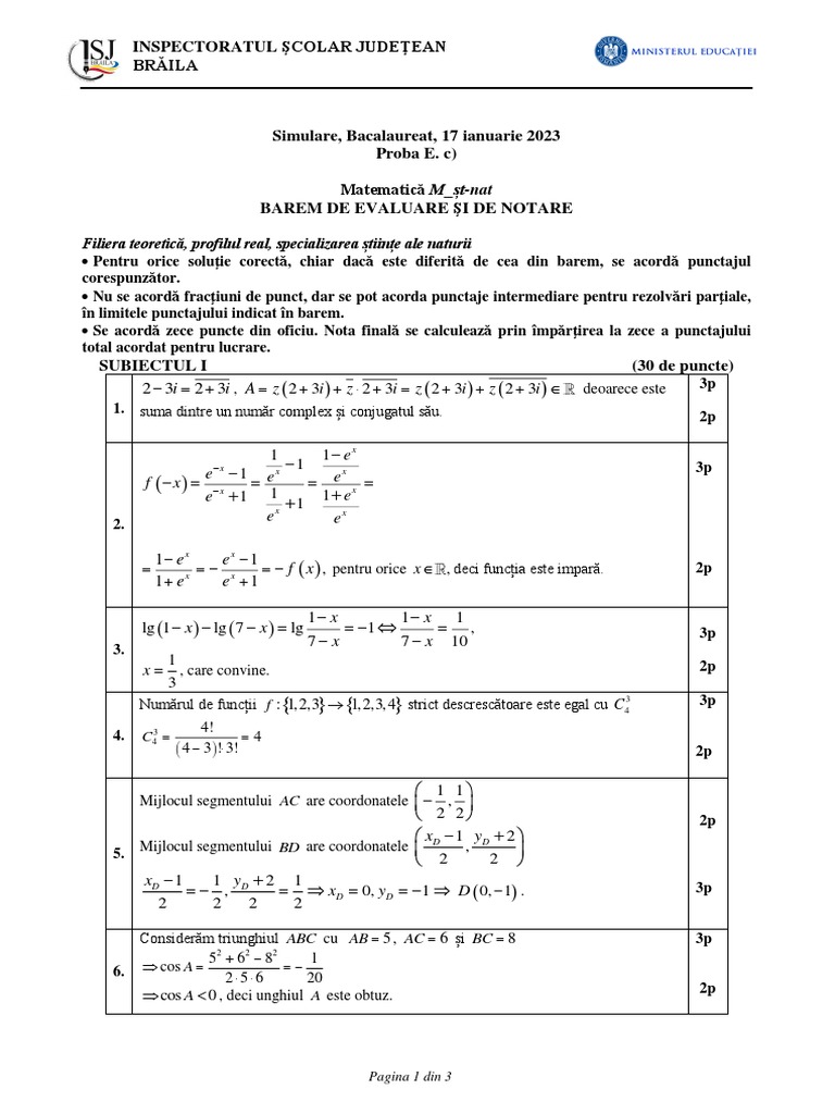 Barem Simulare Bac Matematica ST Nat PDF | PDF