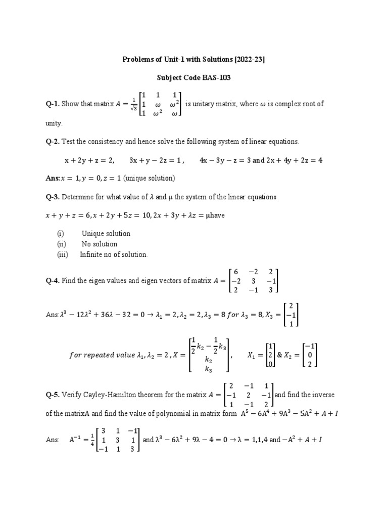 Imp - Questions Engg - Mathematics BAS103 With Solution | PDF | Eigenvalues And Eigenvectors ...