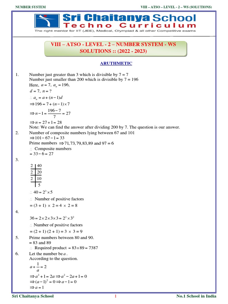 VIII - ATSO - LEVEL - 2 - NUMBER SYSTEM - WS - Solutions | PDF | Ring Theory | Number Theory