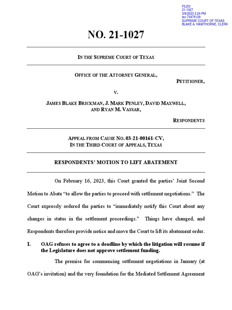 Motion to Lift Abatement in Texas Case | PDF | Lawsuit | Settlement ...
