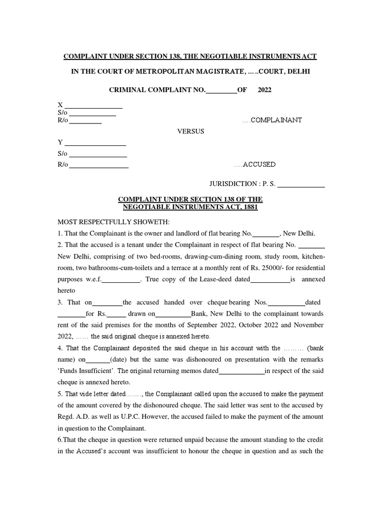 Draft of Complaint Us 138 NIA | PDF | Cheque | Justice