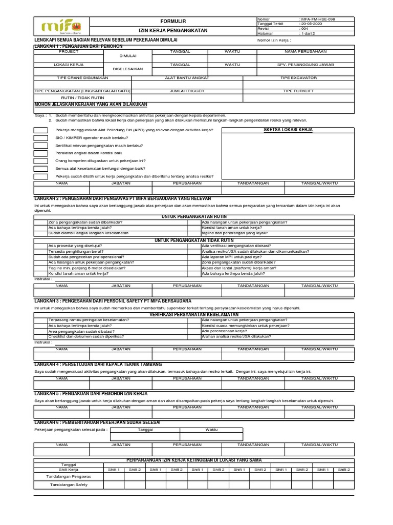 Mfa Fm Hse 098 04 Formulir Izin Kerja Pengangkatan Pdf
