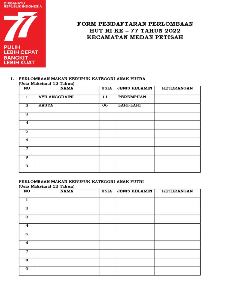 Form Pendaftaran Perlombaan Hut Ri | PDF