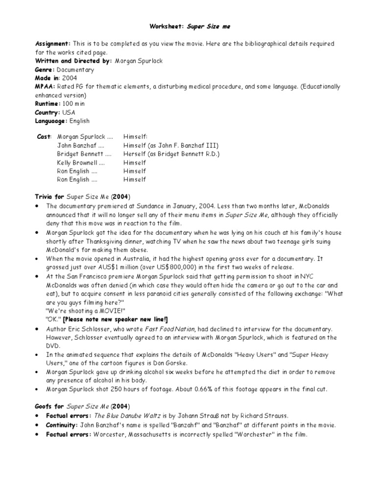 Super Size Me Worksheet 1 | PDF | Calorie | Food And Drink