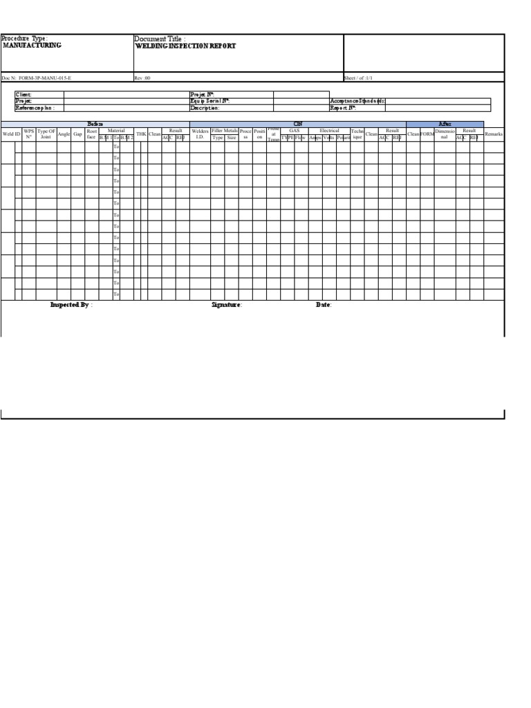 WELDING INSPECTION REPORT: PROCEDURE TYPE, WELD CONFIGURATIONS, AND ...