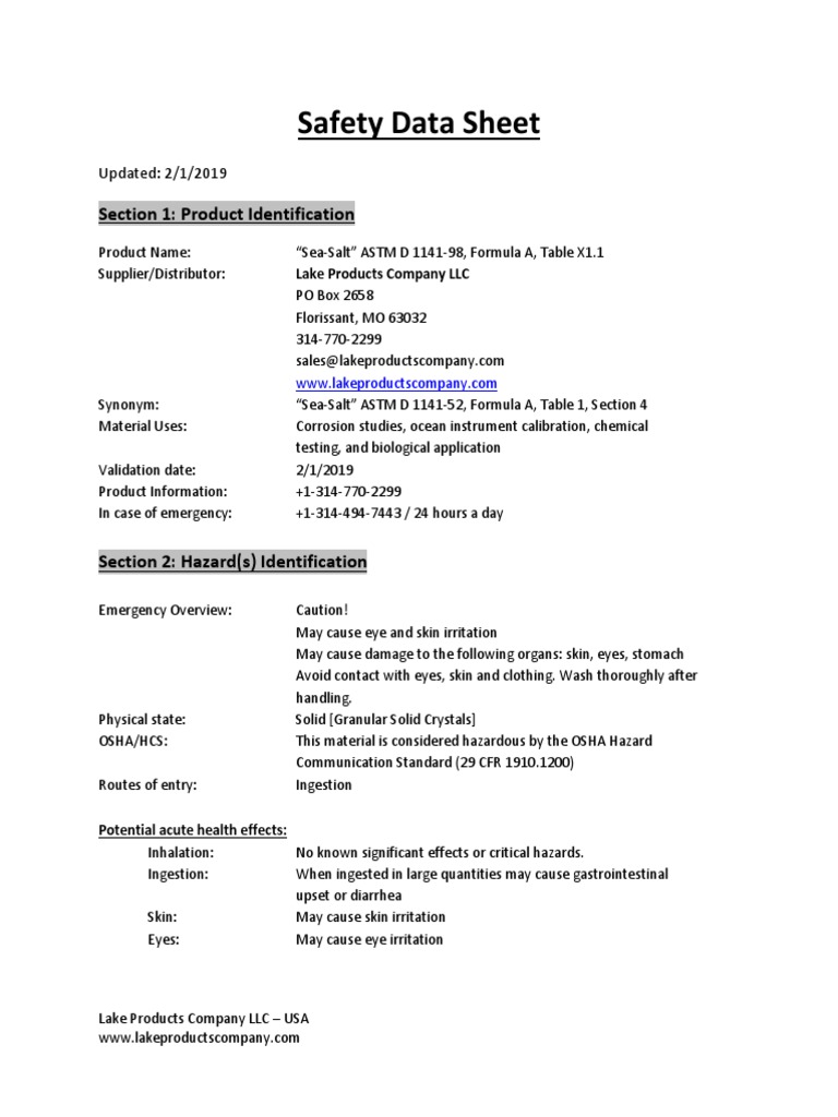 Safety Data Sheet Sea Salt ASTM D1141-98 | PDF | Hazards | Sodium
