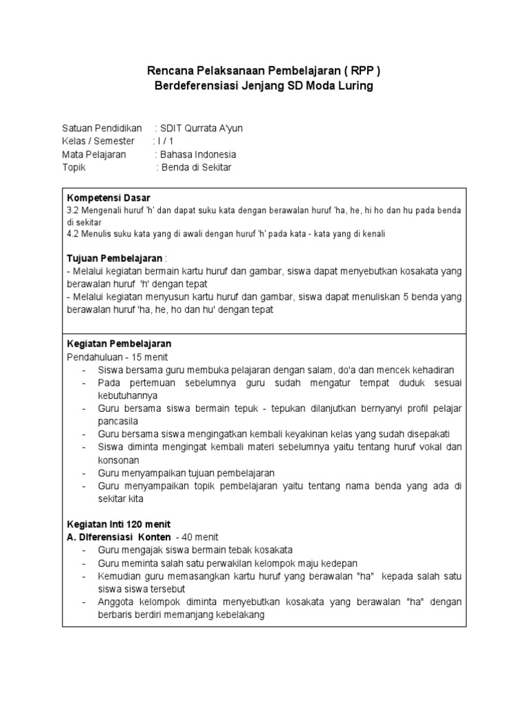 RPP Kelas 1 Berdeferensiasi | PDF
