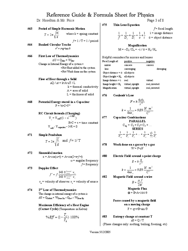 3 - Physics Formulasformula Sheet - Physics | PDF | Physical Chemistry ...
