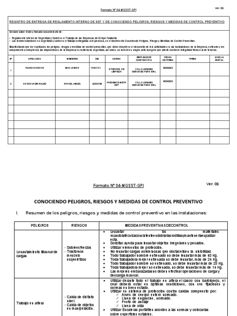 Formato #04-MGSST-GPI Registro de Entrega de RISST y de Conociendo Peligros, Riesgos y Medidas ...