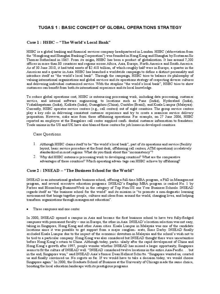 Tugas 1: Basic Concept of Global Operations Strategy: Case Questions. 1 ...