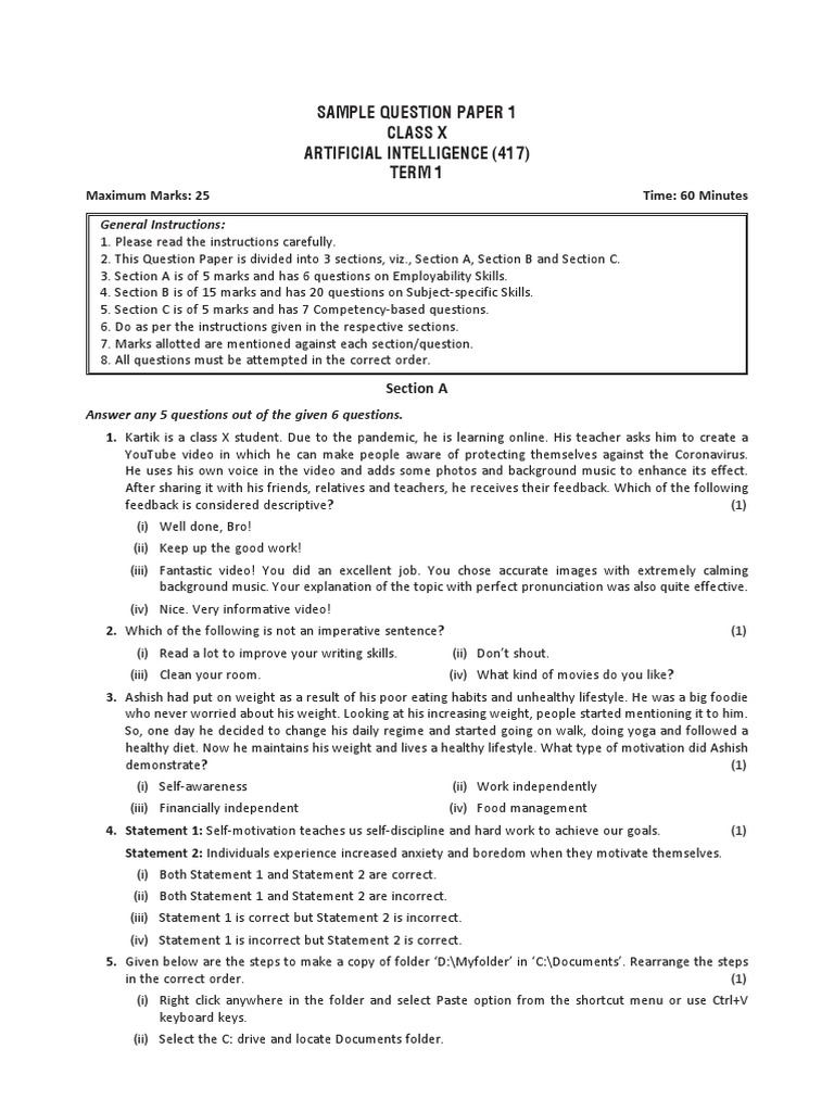 AI Question Paper for Class X | PDF | Artificial Intelligence ...