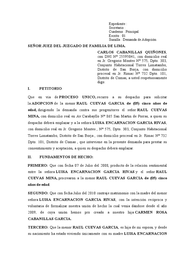 Demanda de Adopcion | PDF | Adopción | Guardián legal