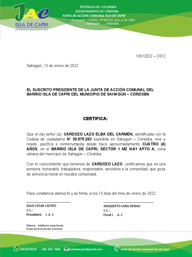 Certificado de Vecindad CARDOZO | PDF