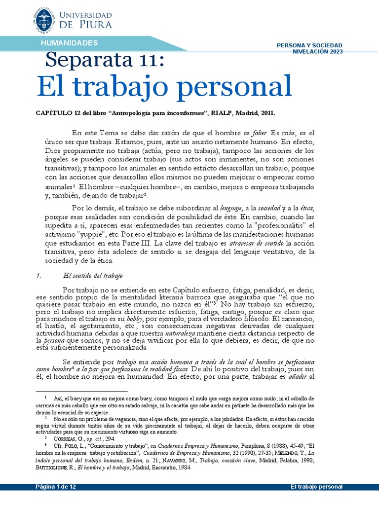 Separata 11 El Trabajo Personal | Descargar gratis PDF | Pensamiento | Esencia