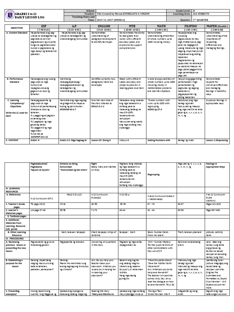Grade 2 DLL All Subjects Q1 Week 6 Day 4 | PDF