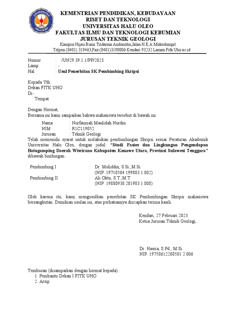 Usulan SK Pembimbing Skripsi FITK UHO | PDF