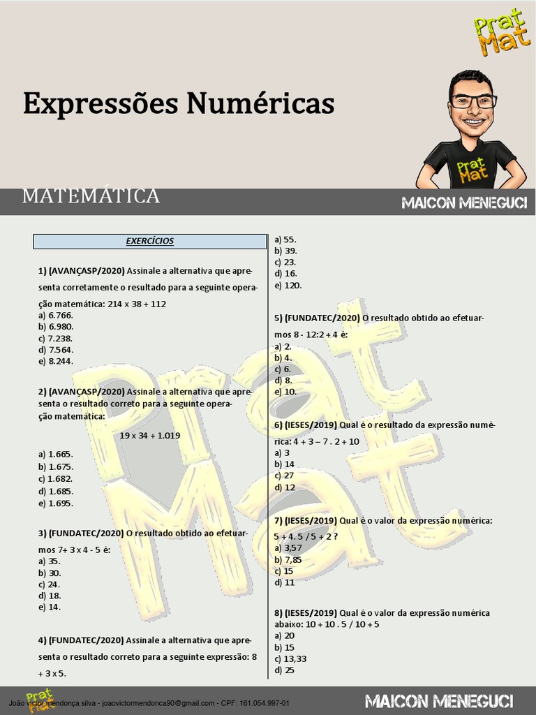 Lista de Expressoes Numericas PDF | PDF | Science | Aritmética