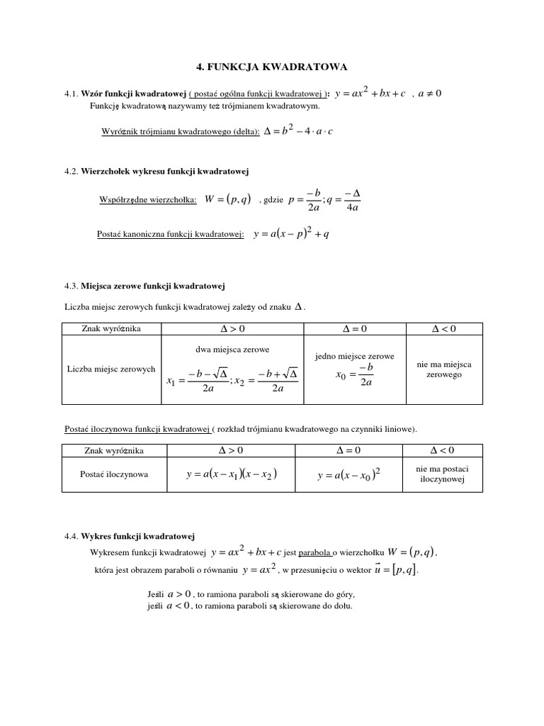 Funkcja Kwadratowa - Teoria | PDF