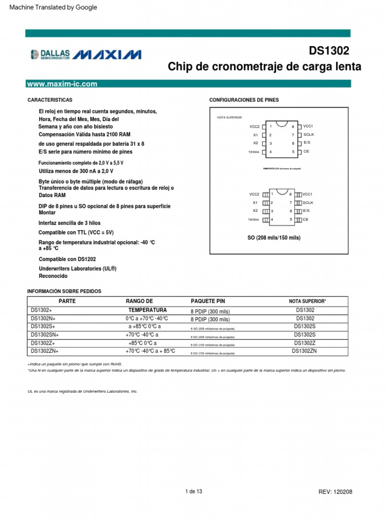 Maxim-Integrated-DS1302-Datasheet Esp PDF | PDF | Poco | Memoria de acceso aleatorio
