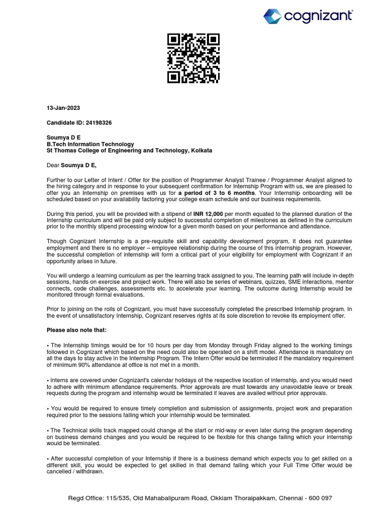 Cognizant Internship Offer Letter | PDF | Business