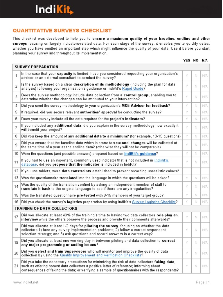127 1 - Indikit - Quantitative Surveys Checklist | PDF