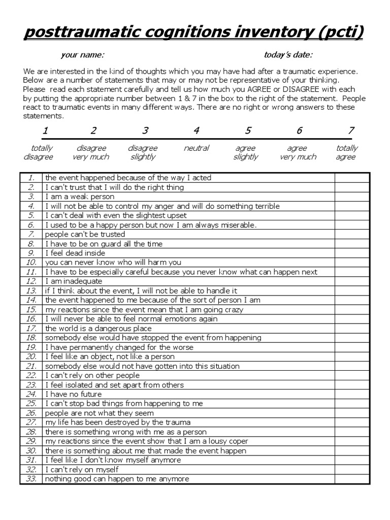 Posttraumatic Cognitions Inventory (PTCI) | PDF | Psychological Trauma ...