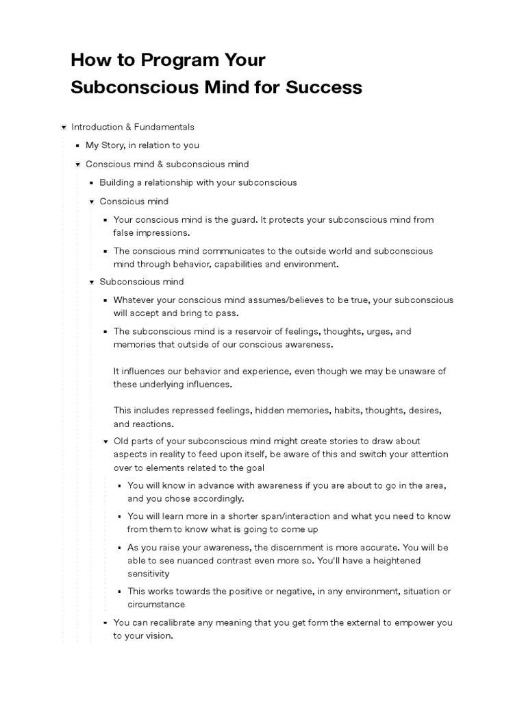 OUTLINE How To Program Your Subconscious Mind For Success | PDF | Mind ...