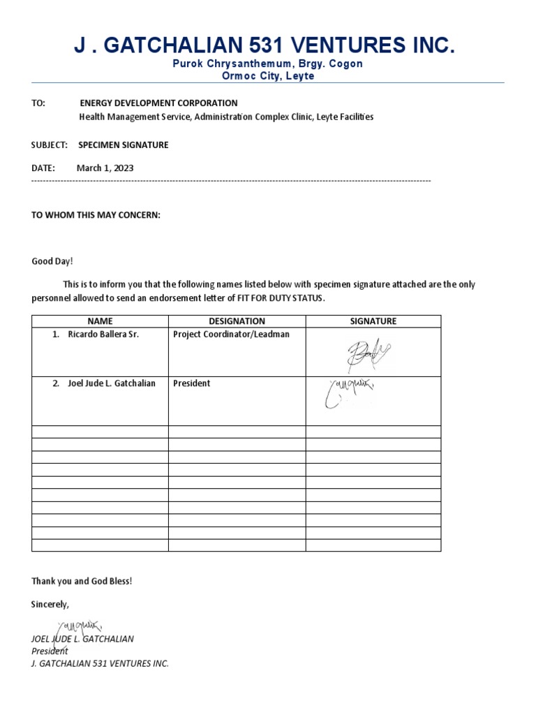 Specimen Signature Template | PDF
