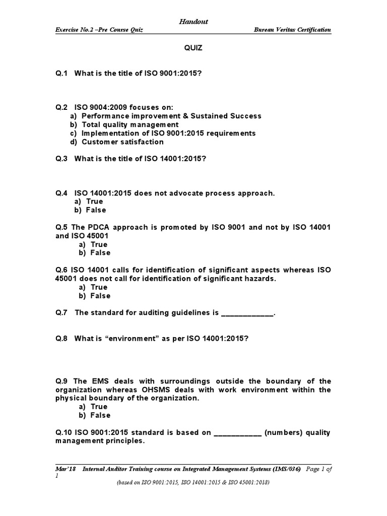 ISO IMS Pre Course Quiz | PDF