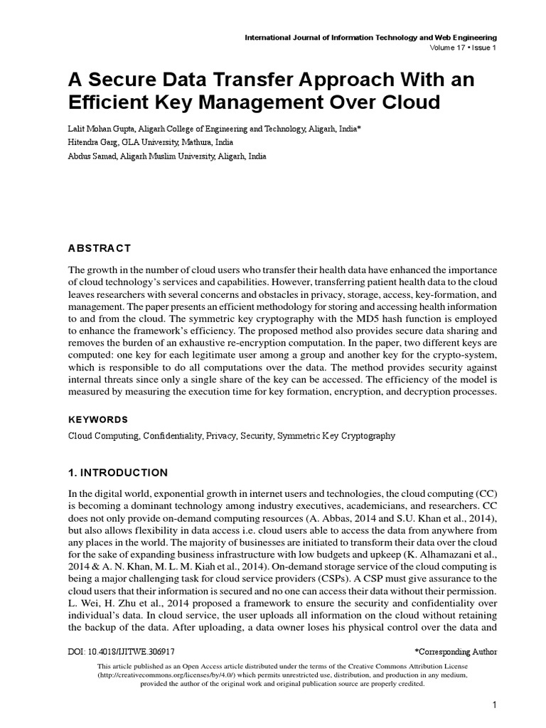 A Secure Data Transfer Approach With An Efficient Key Management Over Cloud Pdf Key
