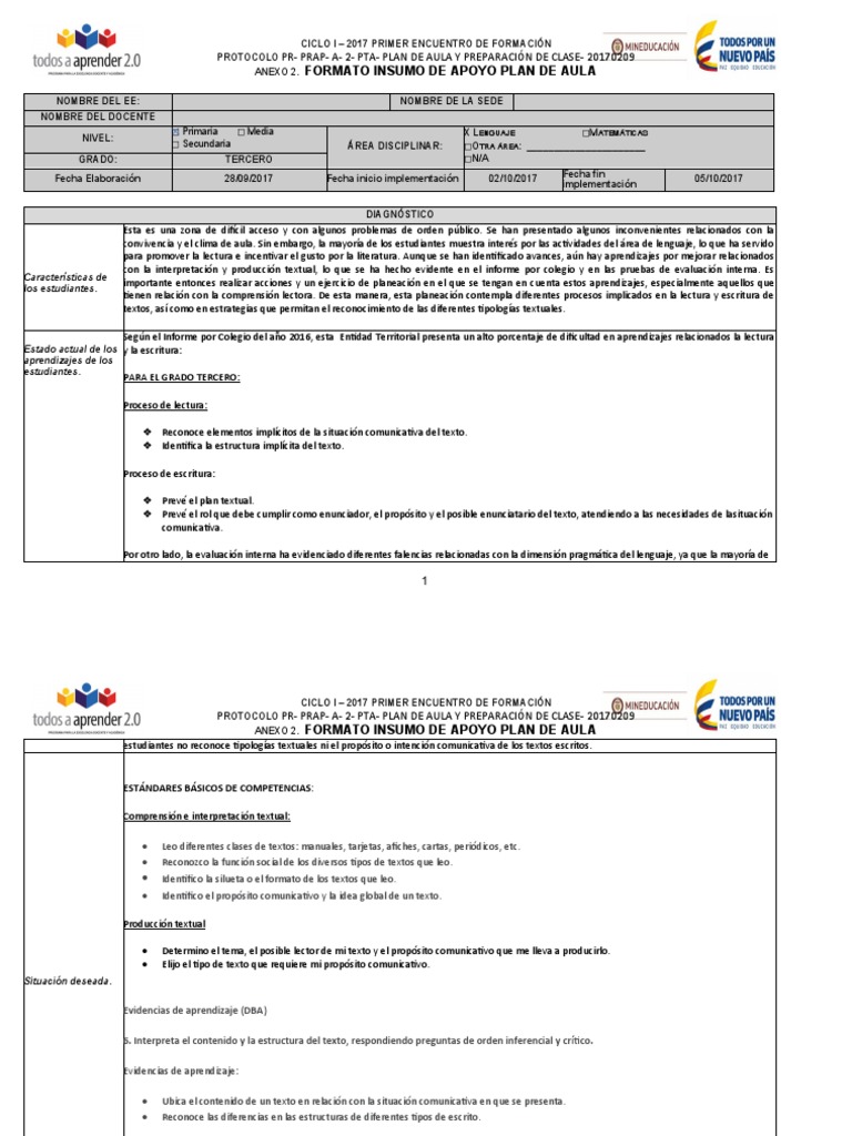 Formato de Plan de Aula MEN | PDF | Salón de clases | Comprensión lectora