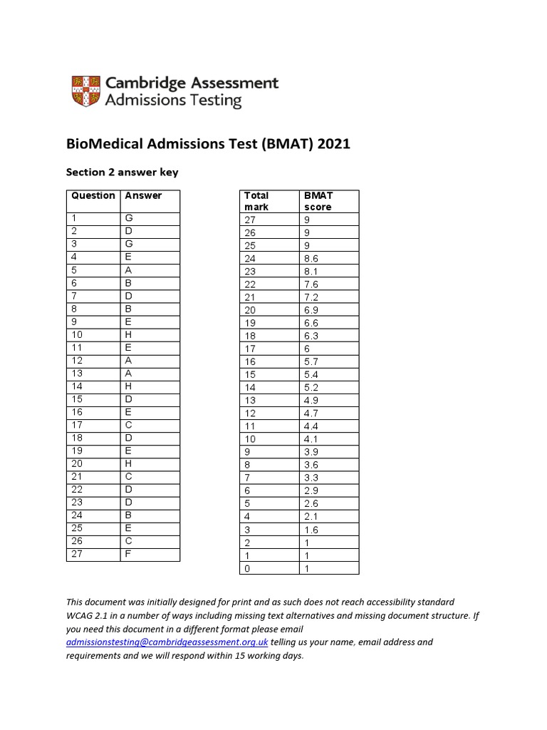Past Paper Bmat 2021 Section 2 Answer Key PDF | PDF