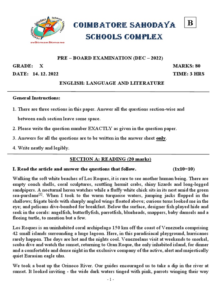 Sahodaya English QP Set B | PDF | Trees | Mountains