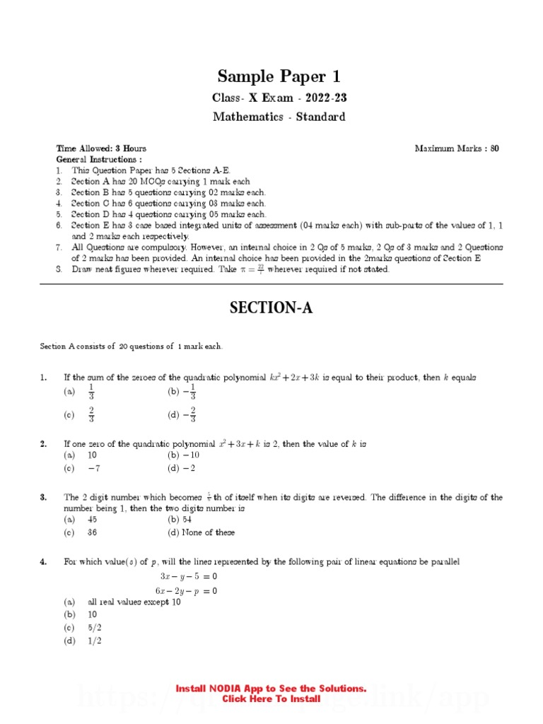 1 MA Sample Paper 1 Unsolved | PDF | Circle | Mathematics