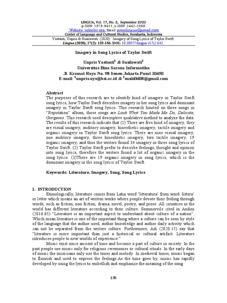 Exploring Imagery in the Song Lyrics of Taylor Swift: A Qualitative ...