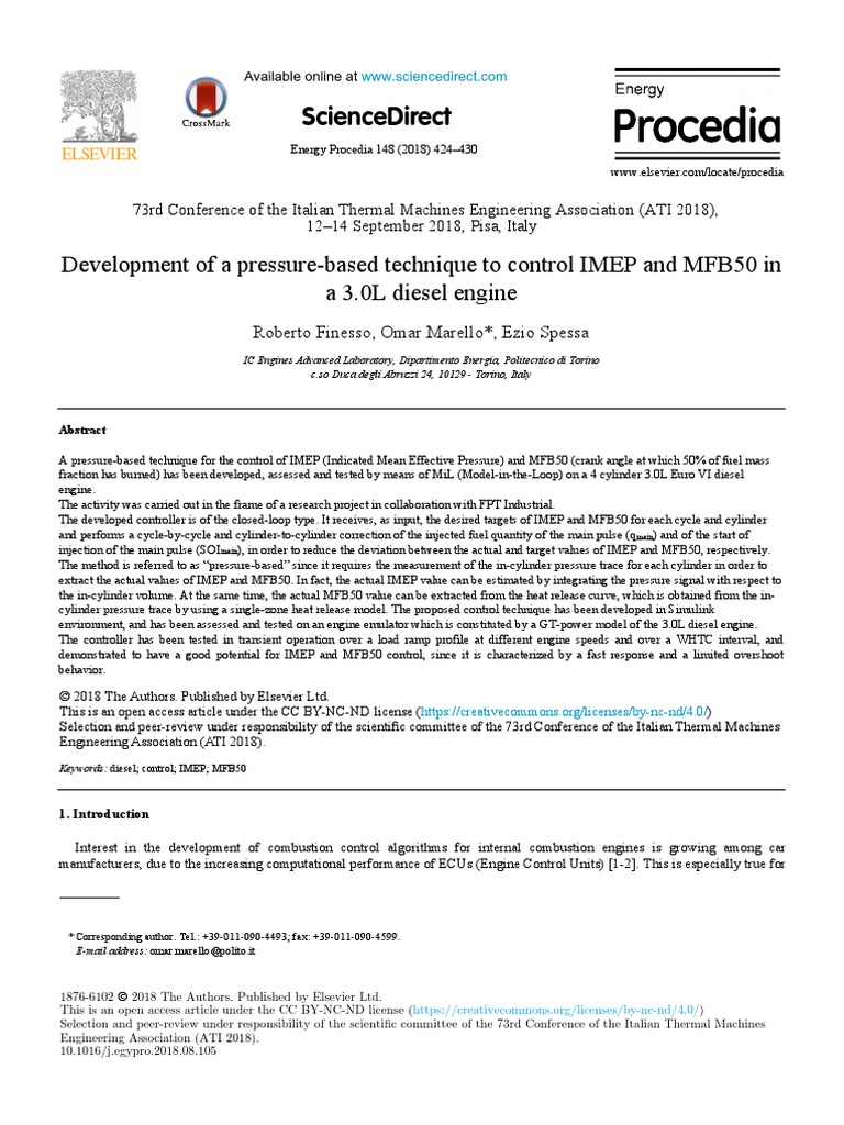 Development of A Pressure Based Technique To Control IMEP and - 2018 - Energy PR PDF | Download ...