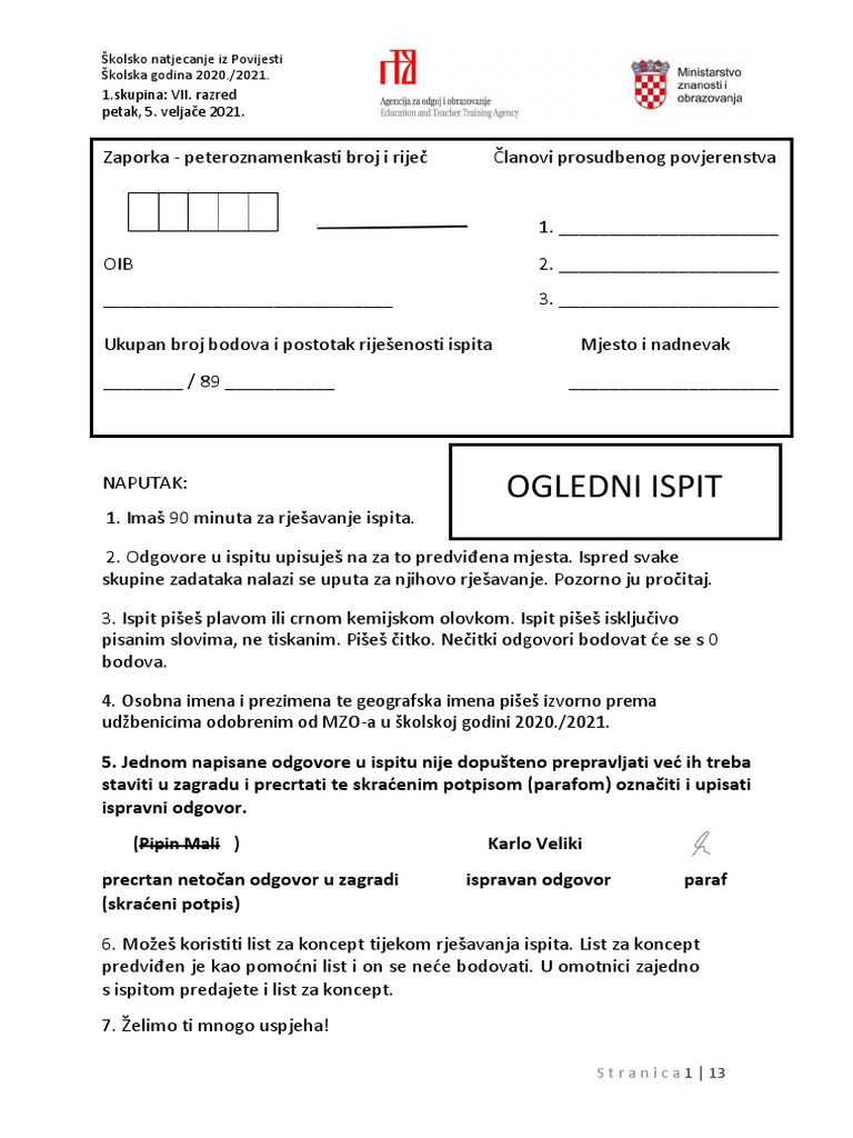 Ogledni Primjer Ispit Povijest PDF1 | PDF