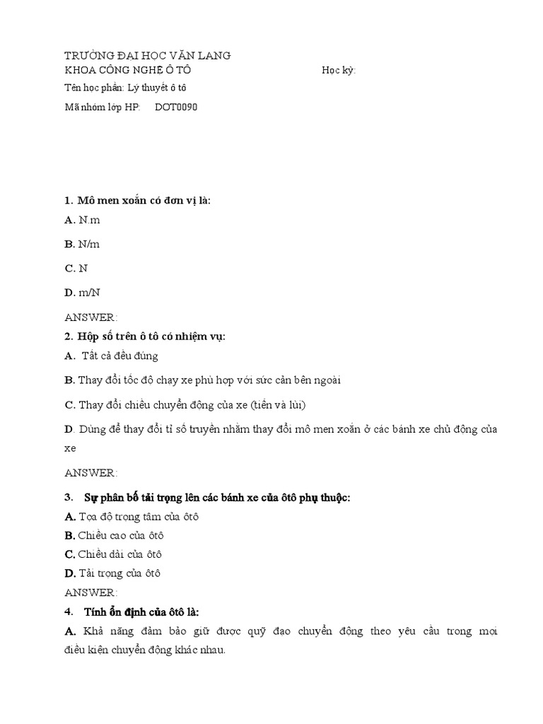 Bo Cau Hoi Trac Nghiem - Ly Thuyet o To-Dhvl | PDF