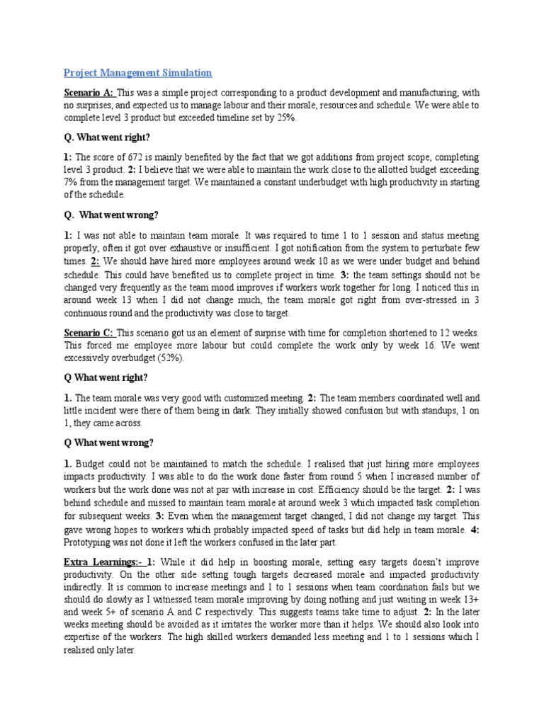 Project Management Simulation Pdf Business Economics Business