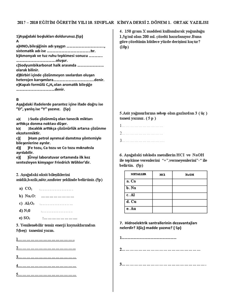 Siniflar Ki̇mya Dersi̇ 2. Dönem 1. Ortak Yazilisi | PDF