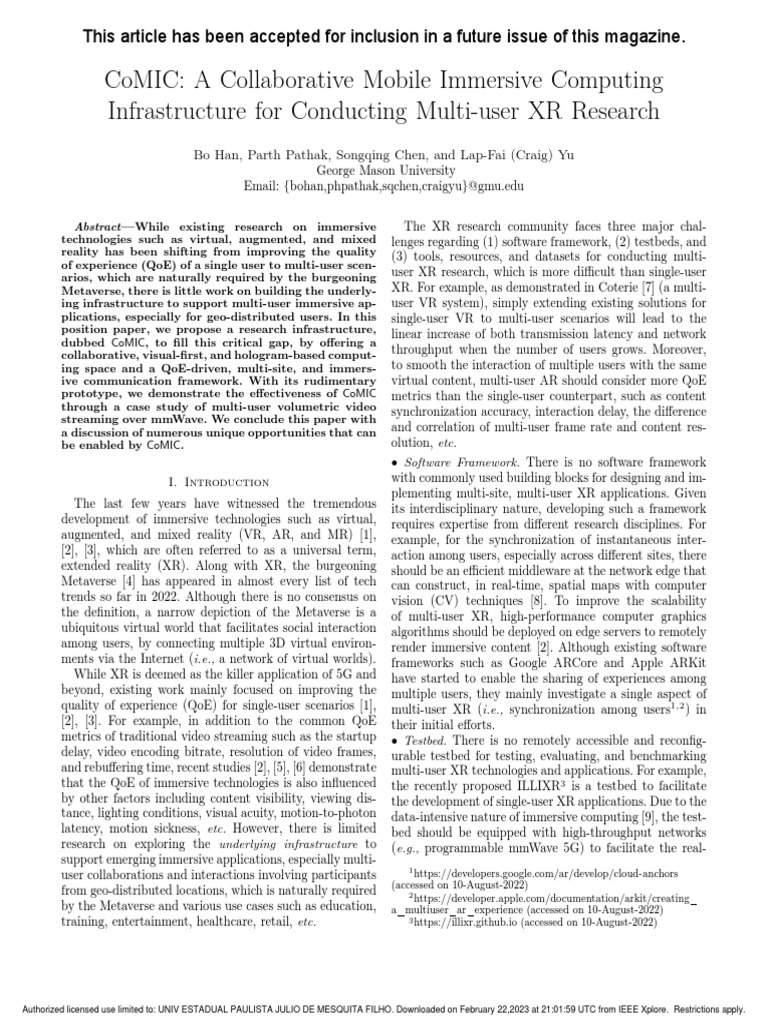 Comic A Collaborative Mobile Immersive Computing Infrastructure For Conducting Multi User Xr