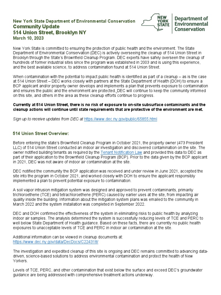 NYSDEC Update 514 Union ST 3-2023 | PDF | Environmental Science ...