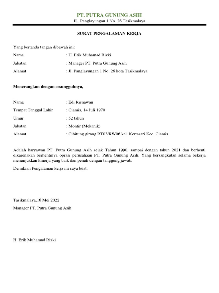 Surat Pengalaman Kerja Edi Risnawan | PDF
